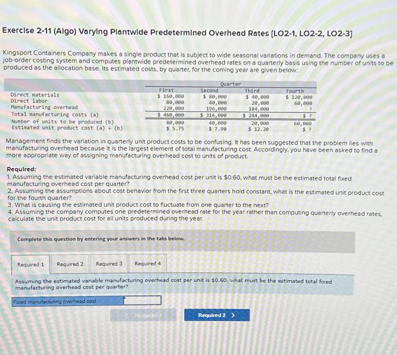 Solved Exerclse 2-11 (Algo) ﻿VaryIng Plantwlde Predetermined | Chegg.com