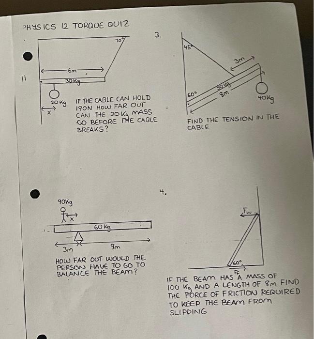 Solved PHYSICS 12 TORQUE QUIZ 3. 70 45 3m 6m 30kg 600 8m | Chegg.com