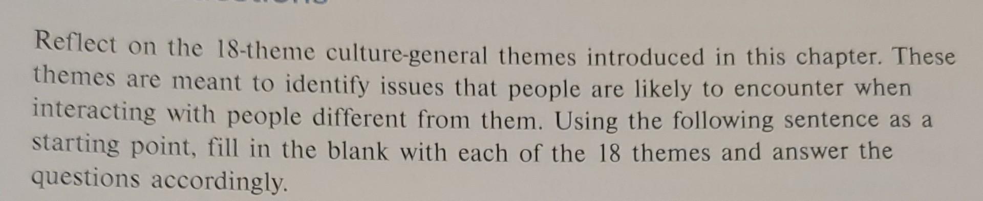 Reflect on the 18-theme culture-general themes | Chegg.com