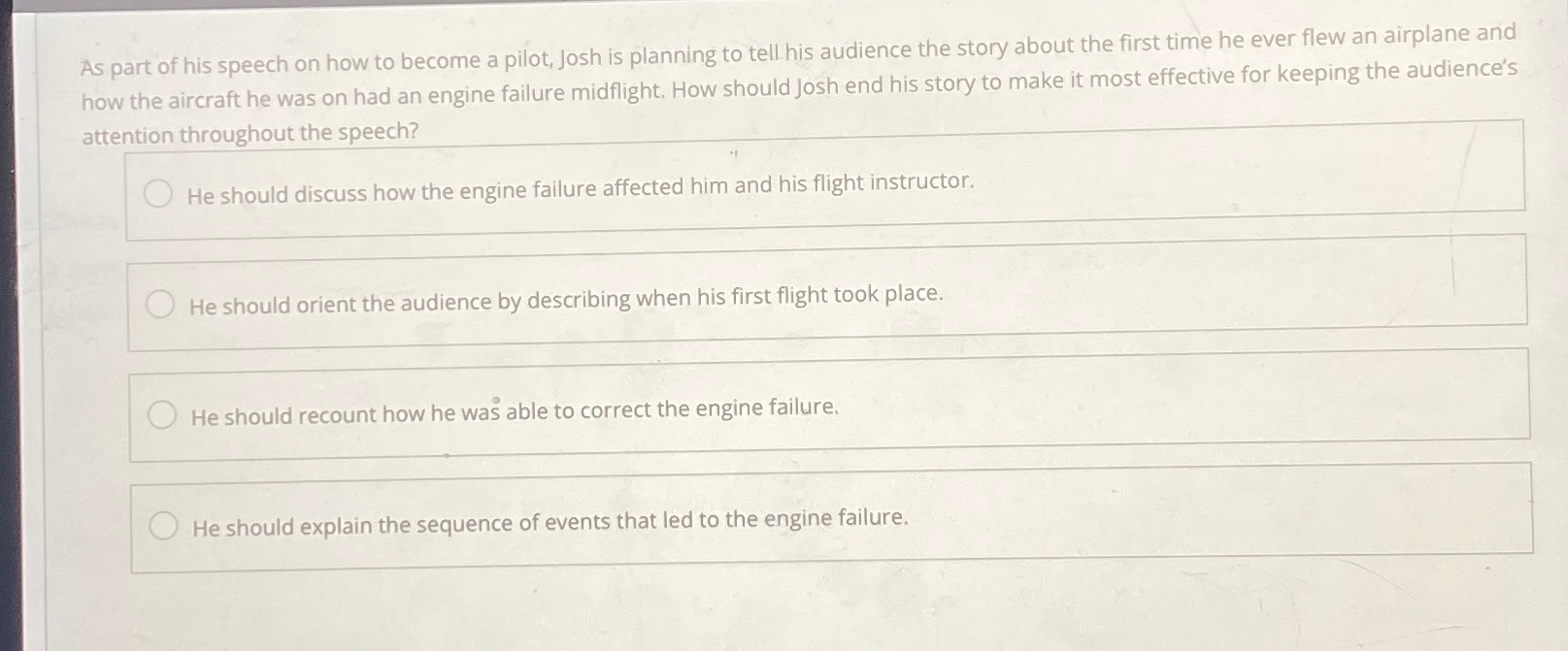 Solved As part of his speech on how to become a pilot, Josh | Chegg.com