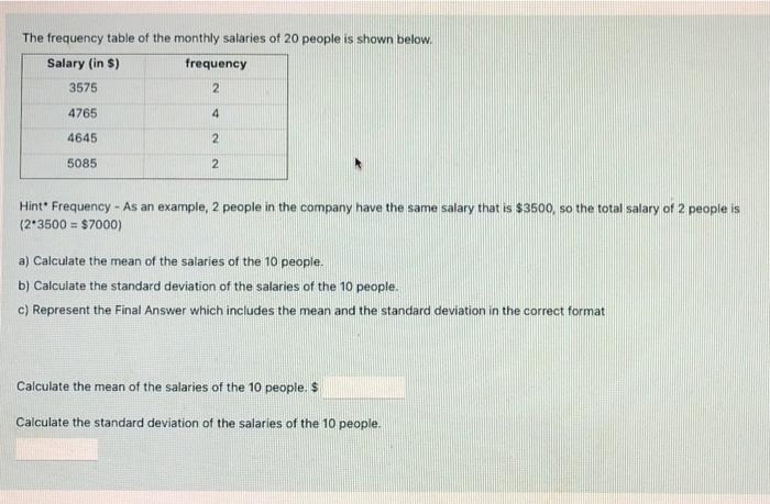 Solved The frequency table of the monthly salaries of 20 | Chegg.com