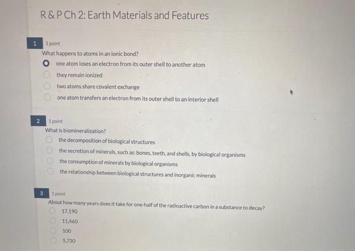 Solved R\&PCh 2: Earth Materials and Features 1 point What | Chegg.com