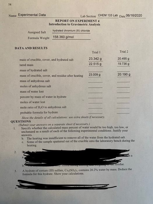Solved 54 Name Experimental Data Lab Section CHEM 133 Lab | Chegg.com
