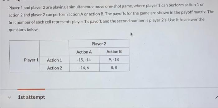 Solved Player 1 and player 2 are playing a simultaneous-move | Chegg.com