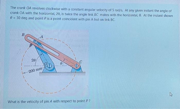 Solved The crank OA revolves clockwise with a constant | Chegg.com