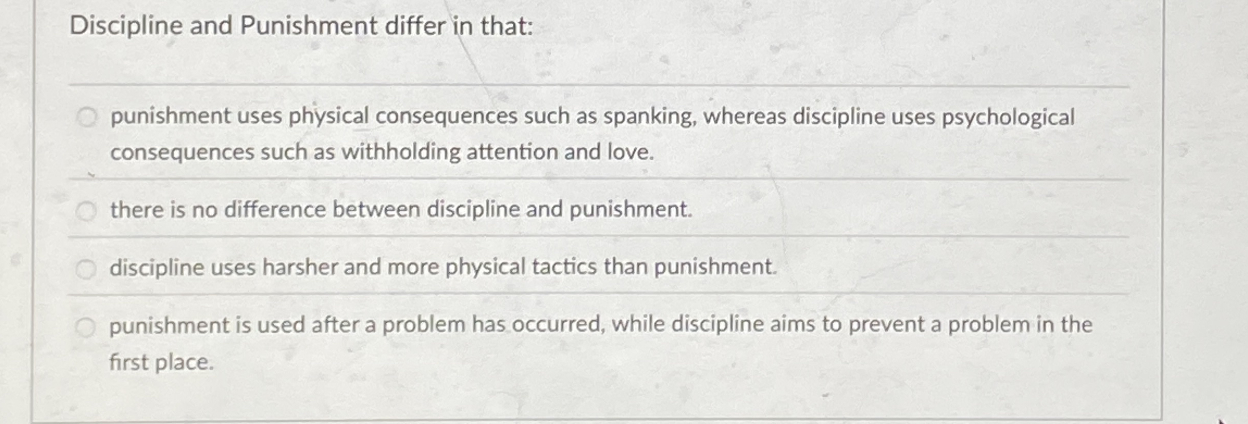 Solved Discipline and Punishment differ in that:punishment | Chegg.com