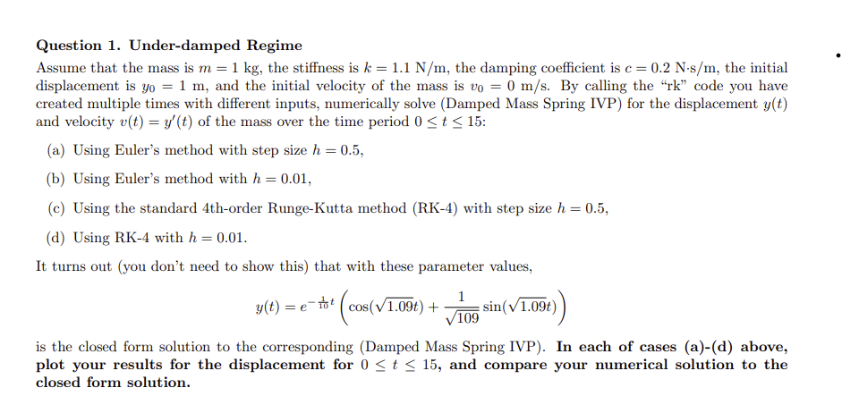 Solved ANSWER IN MATLAB CODE Question 1. ﻿Under-damped | Chegg.com