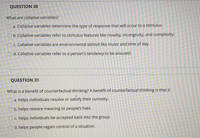 Solved QUESTION 30 What are collative variables? a. | Chegg.com