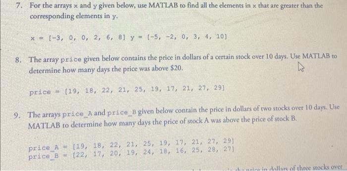 Solved 7. For the arrays x and y given below, use MATLAB to | Chegg.com