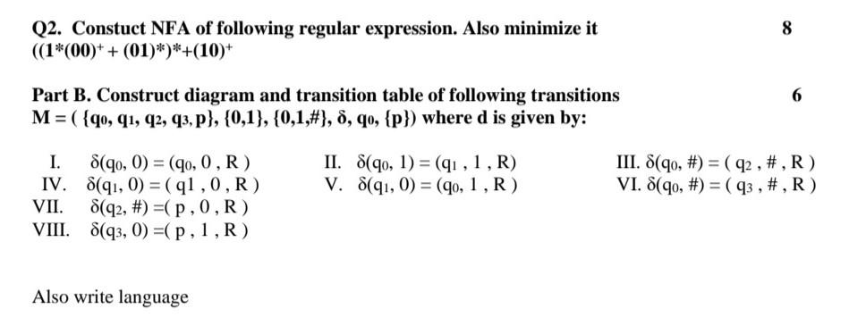 Solved 8 Q2. Constuct NFA of following regular expression. | Chegg.com