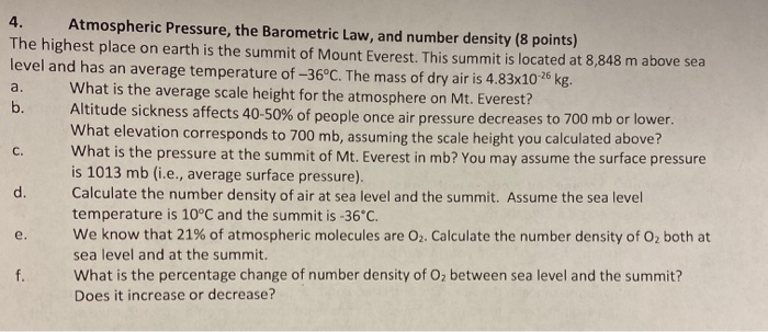 Solved 4. Atmospheric Pressure, the Barometric Law, and | Chegg.com