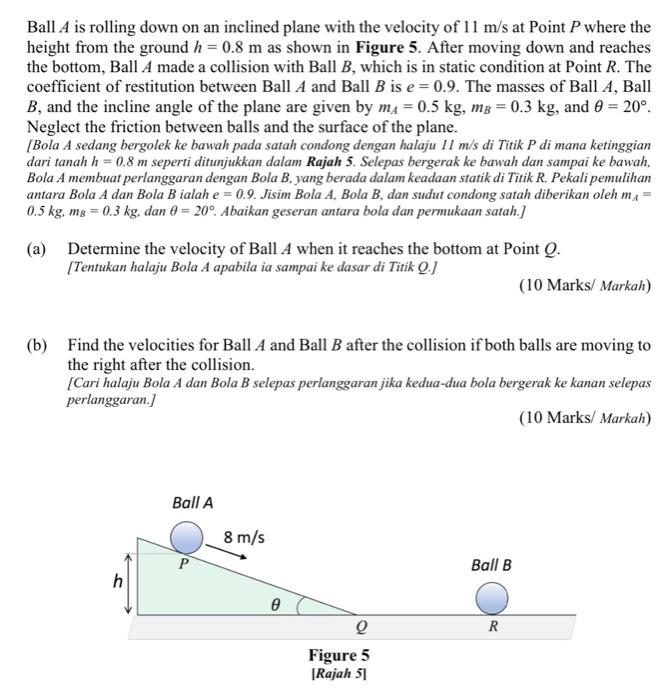 Solved Ball A is rolling down on an inclined plane with the | Chegg.com