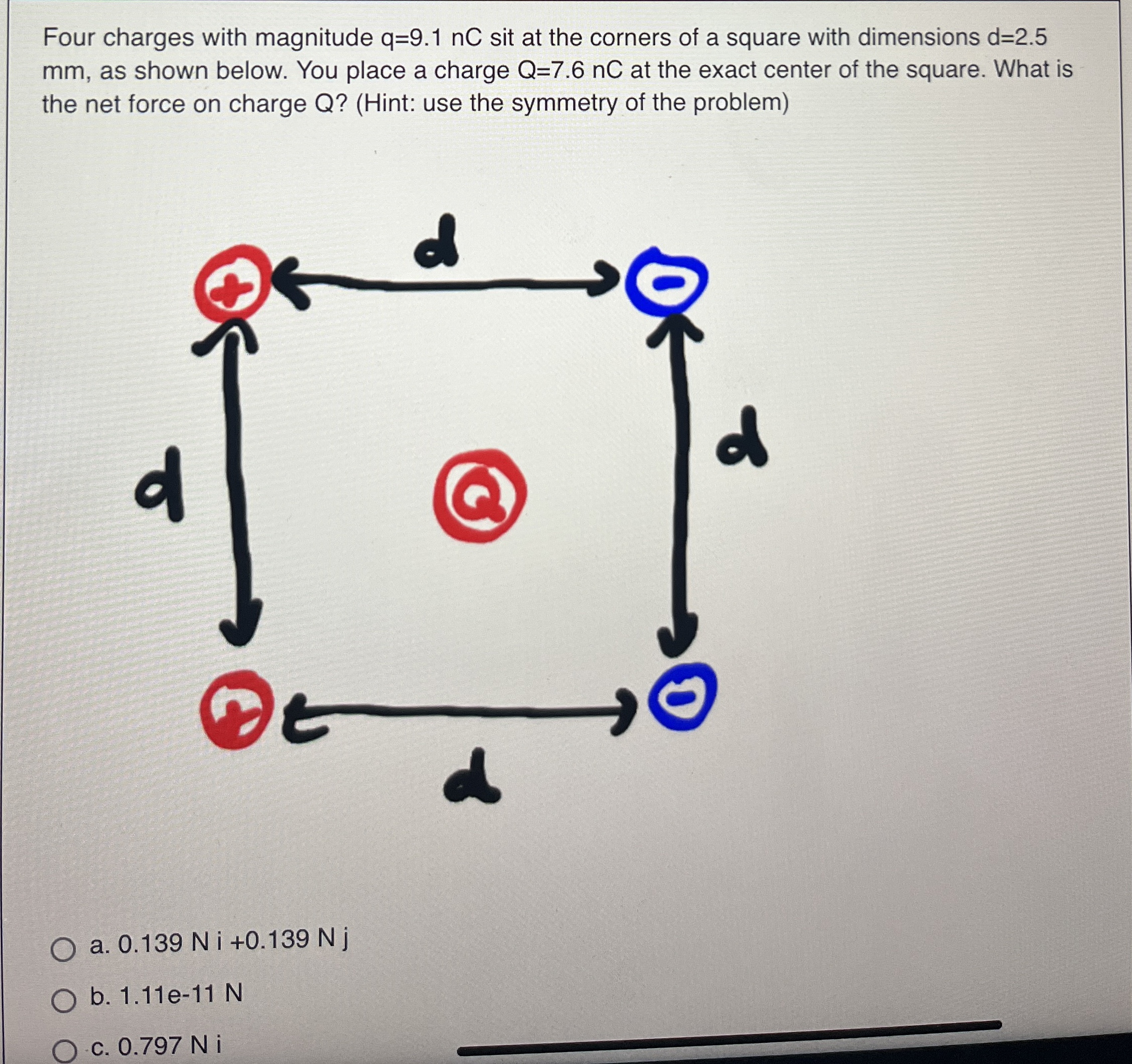 Solved Four charges with magnitude Q equals 9.1 ﻿nano column | Chegg.com
