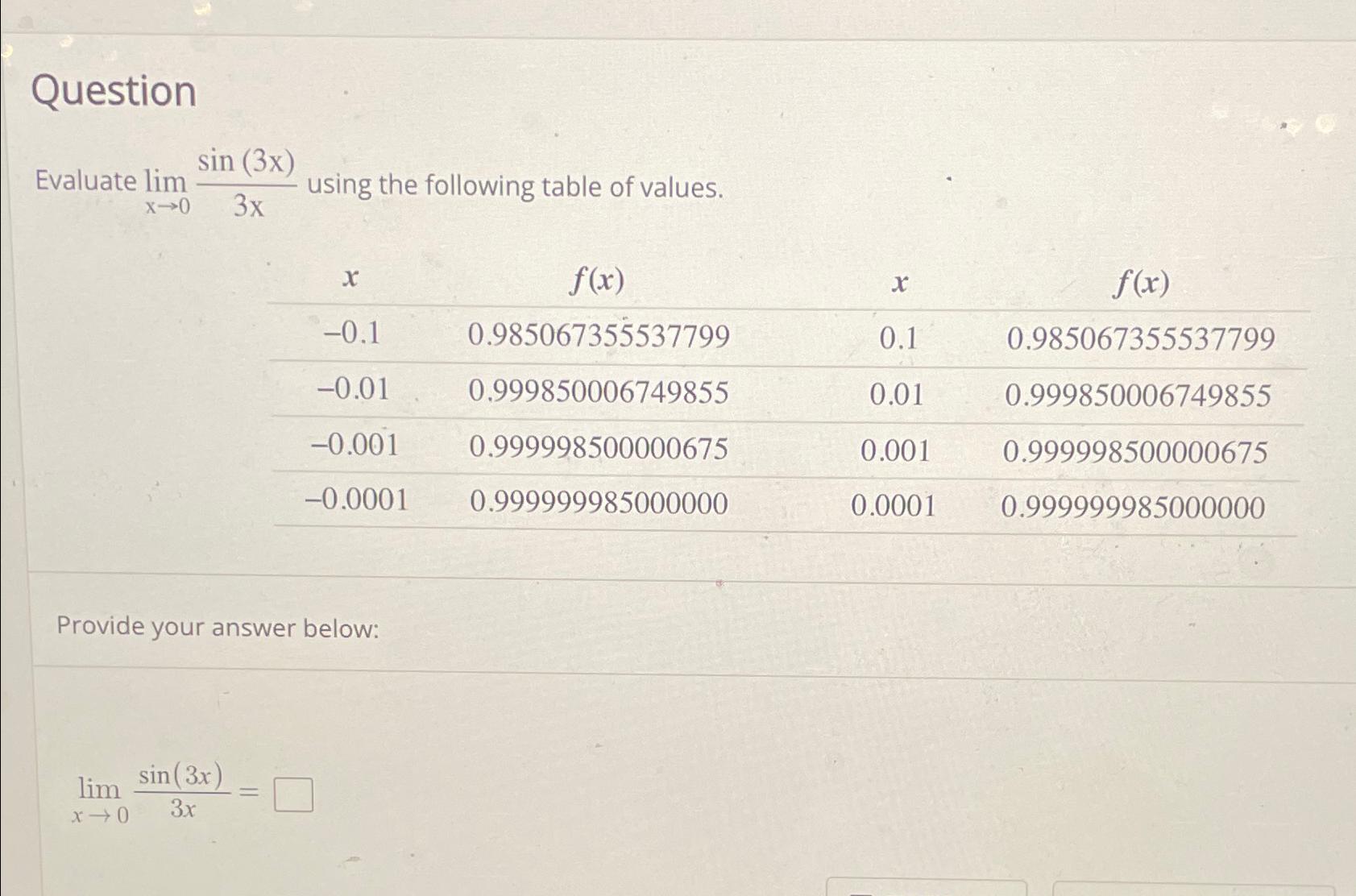 Solved QuestionEvaluate limx→0sin(3x)3x ﻿using the following | Chegg.com