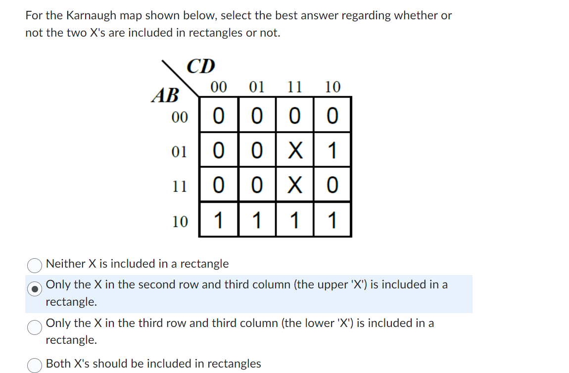 Solved For the Karnaugh map shown below, select the best | Chegg.com