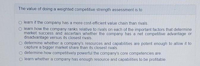 Solved The value of doing a weighted competitive strength | Chegg.com