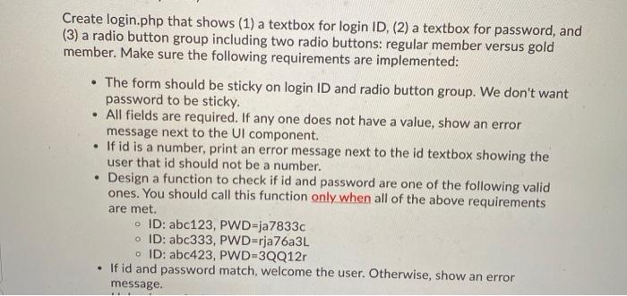 Solved Create login.php that shows (1) a textbox for login | Chegg.com