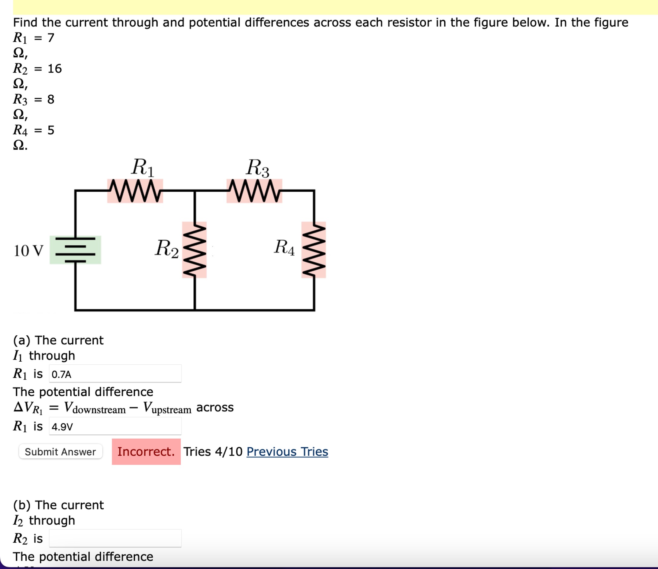 Solved Find the current through and potential differences | Chegg.com