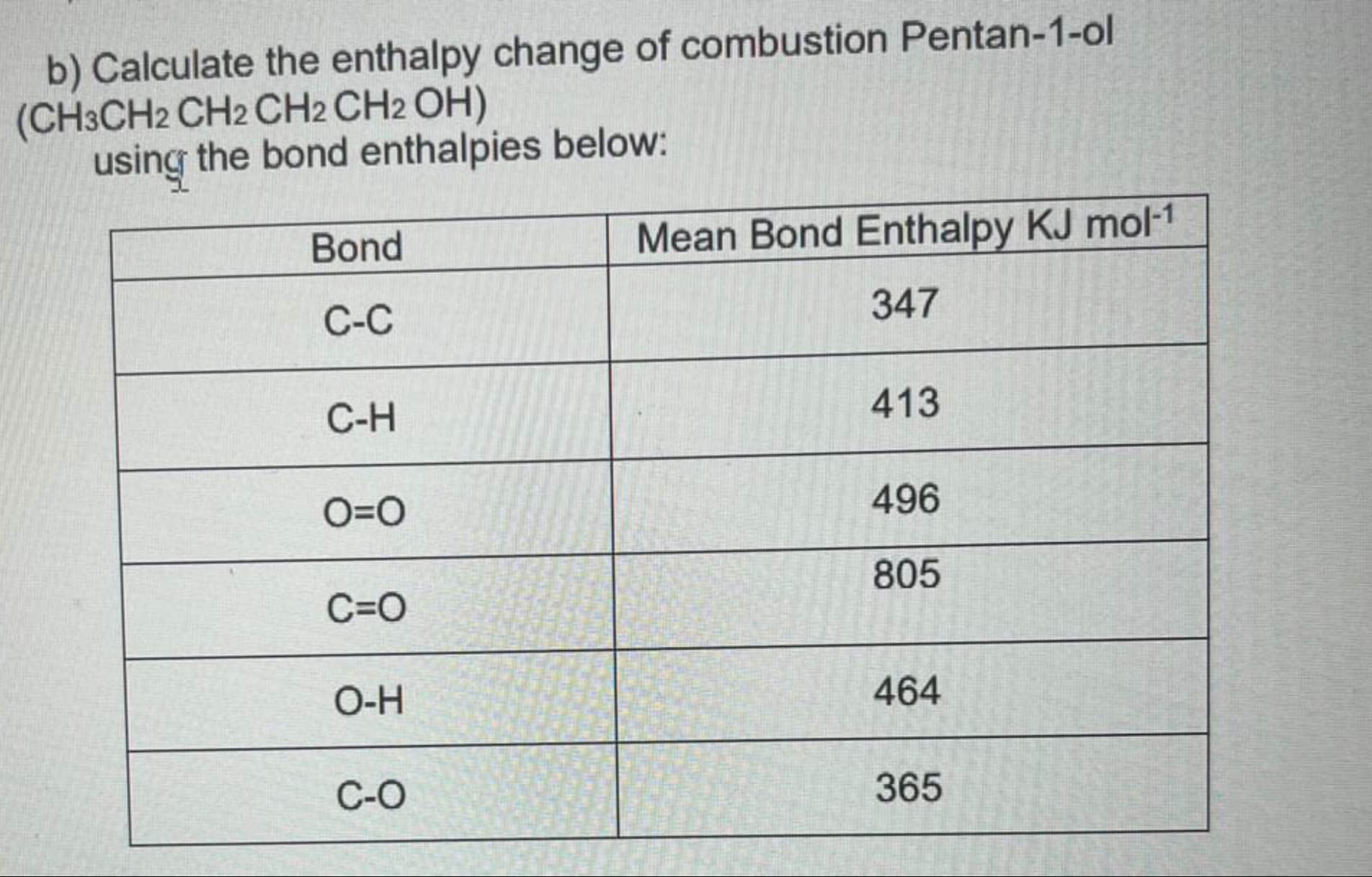 Solved b) ﻿Calculate the enthalpy change of combustion | Chegg.com