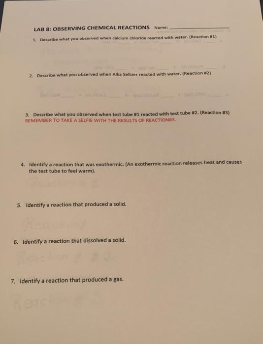 Solved LAB 8: OBSERVING CHEMICAL REACTIONS Name: 1. Describe | Chegg.com