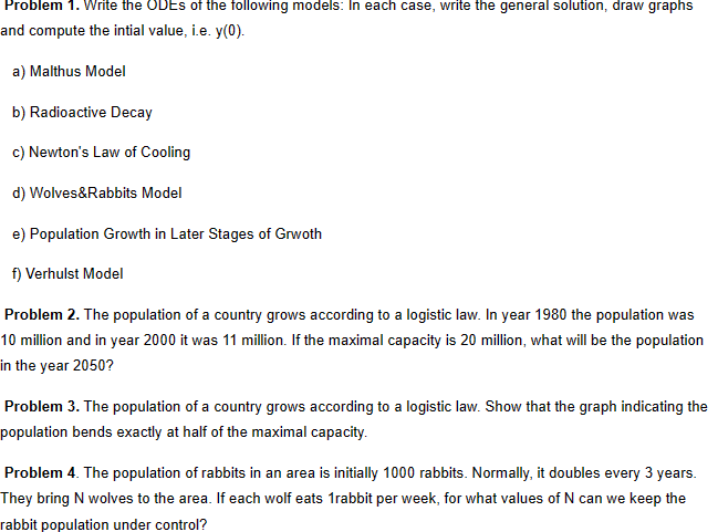 Problem 1. ﻿Write the ODEs of the following models: | Chegg.com
