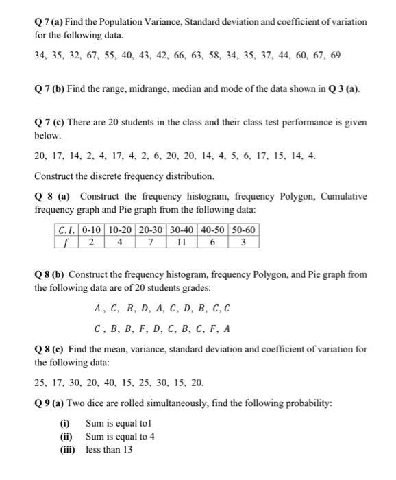 Solved Q 7 A Find The Population Variance Standard