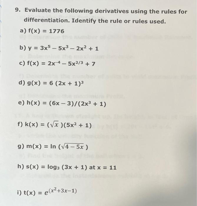 Solved 9. Evaluate the following derivatives using the rules | Chegg.com