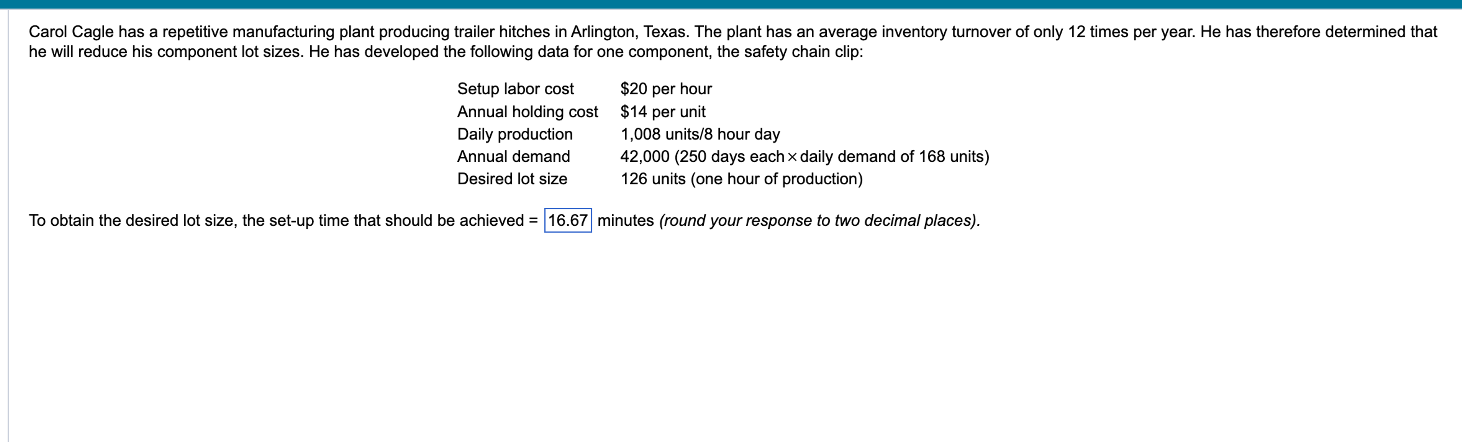 Solved Carol Cagle has a repetitive manufacturing plant | Chegg.com