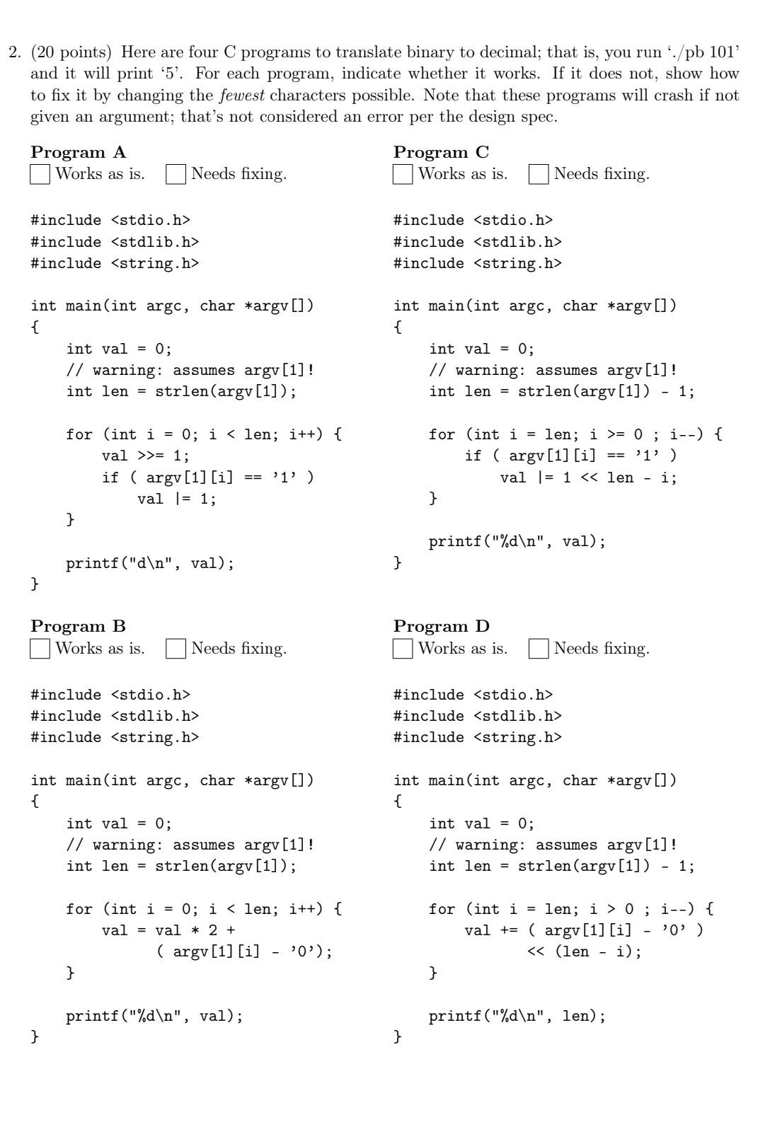 Solved 2. (20 points) Here are four C programs to translate | Chegg.com
