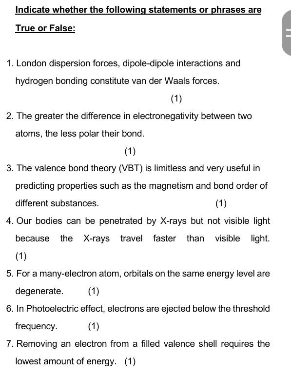 Solved Indicate whether the following statements or phrases | Chegg.com