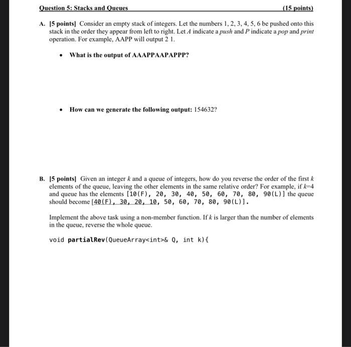 Solved A. [5 points] Consider an empty stack of integers. | Chegg.com
