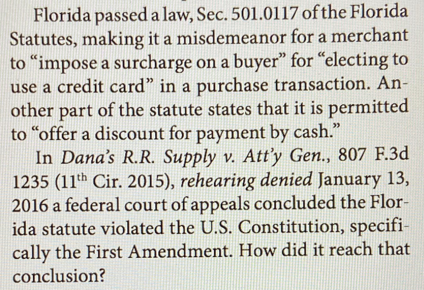 Solved Florida passed a law, Sec. 501.0117 ﻿of the Florida | Chegg.com