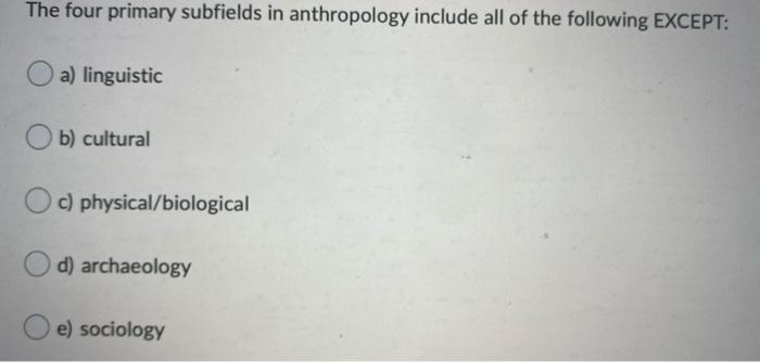 Solved The four primary subfields in anthropology include | Chegg.com