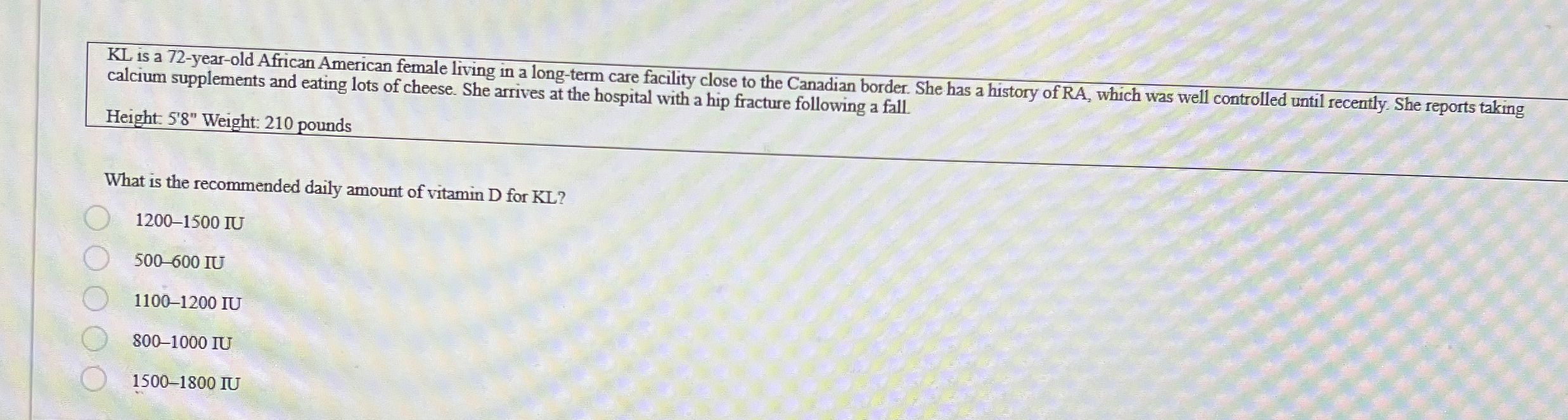 Solved KL is a 72-year-old African American female living in | Chegg.com