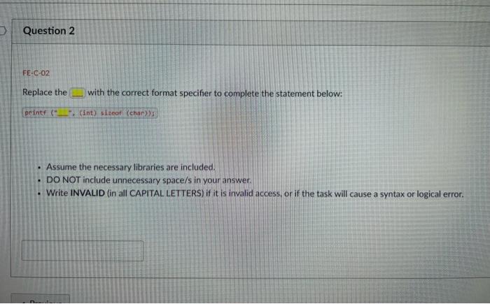 Solved FE⋅C⋅02 Replace the with the correct format specifier | Chegg.com