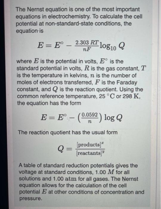Solved The Nernst equation is one of the most important | Chegg.com