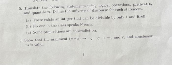 Solved 5. Translate the following statements using logical | Chegg.com