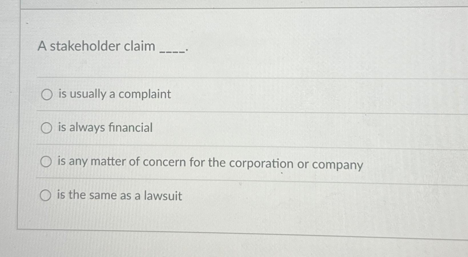 Solved A stakeholder claimis usually a complaintis always | Chegg.com