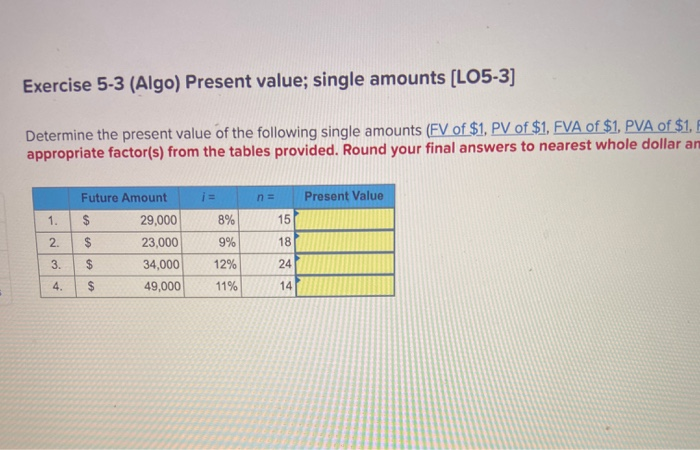 Solved Exercise 5-3 (Algo) Present value; single amounts | Chegg.com