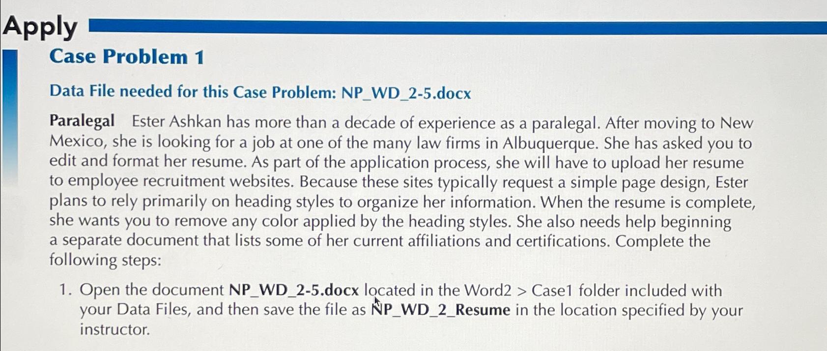 Solved ApplyCase Problem 1Data File needed for this Case | Chegg.com