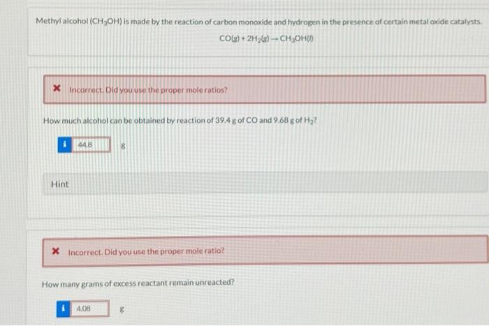 Solved CO(s)+2H2(s)−CH3OH(h) x Incorrect Did you use the | Chegg.com