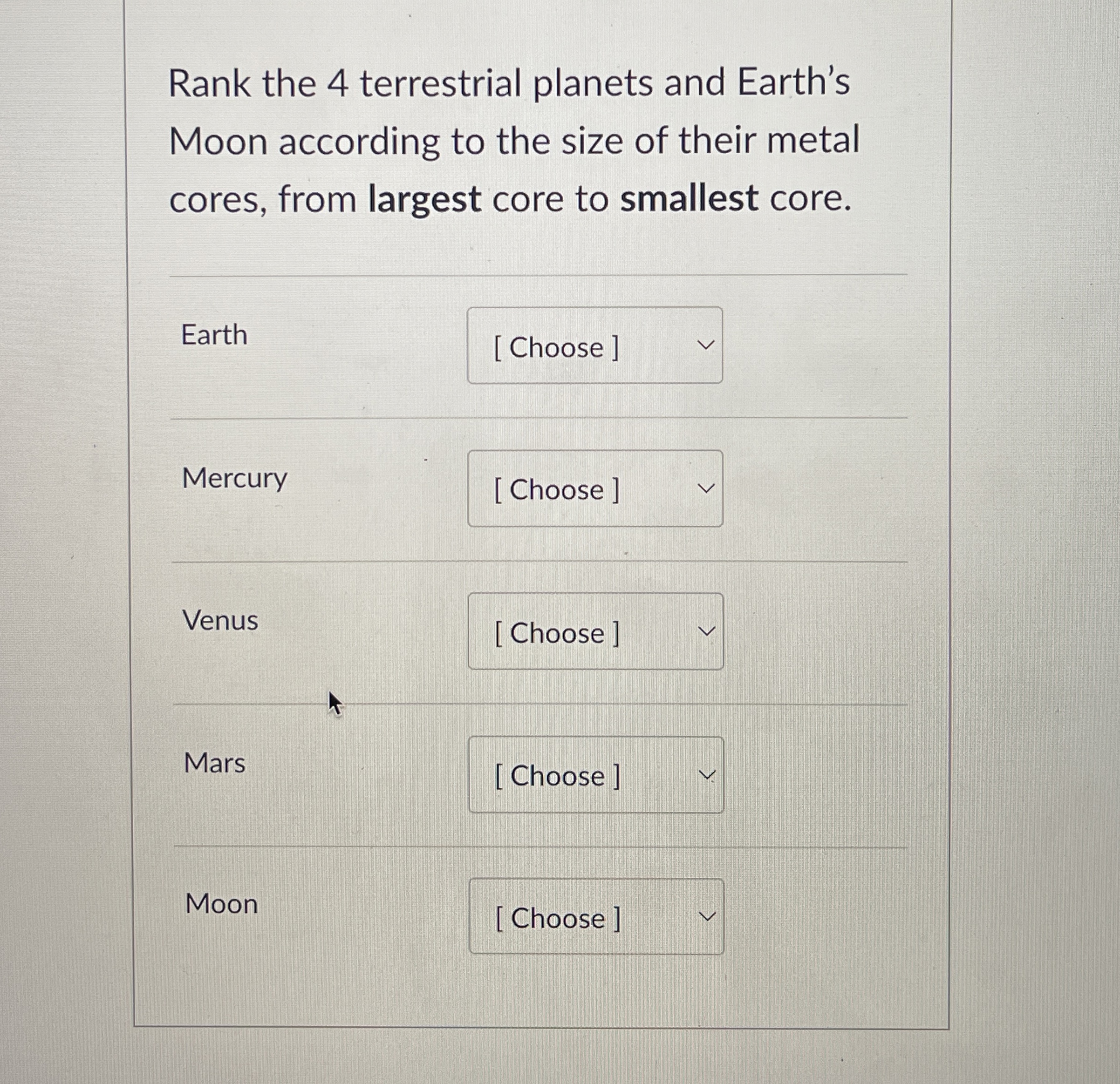 Solved Rank the 4 ﻿terrestrial planets and Earth'sMoon | Chegg.com