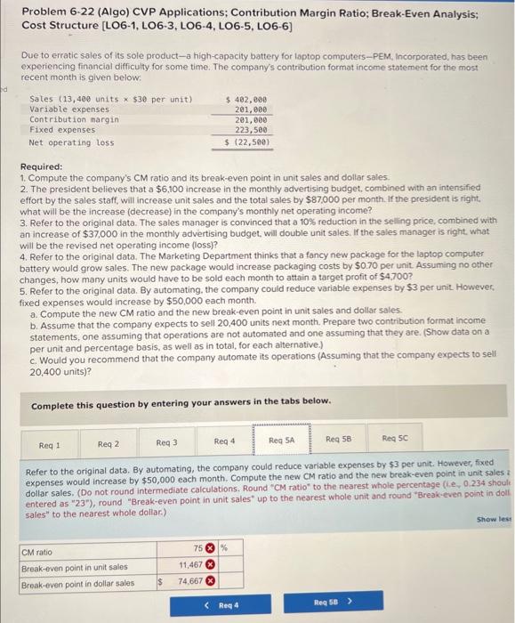 Solved Problem 6-22 (Algo) CVP Applications; Contribution | Chegg.com
