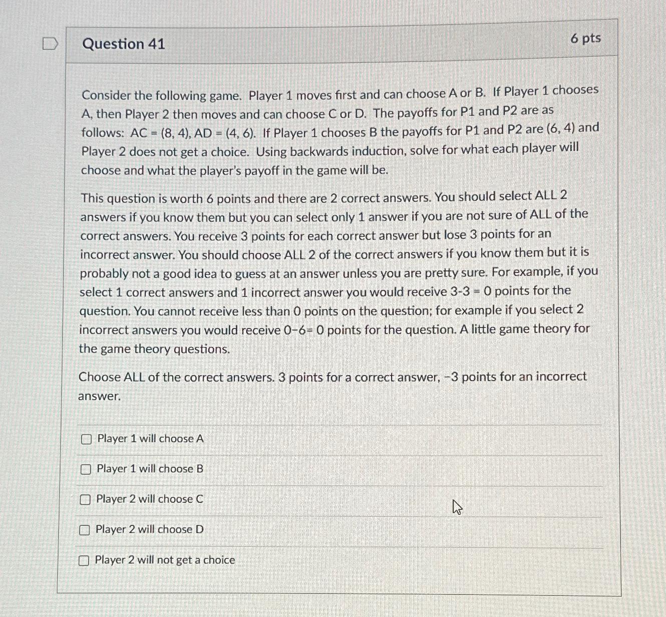 Solved Question 416 ﻿ptsConsider the following game. Player | Chegg.com