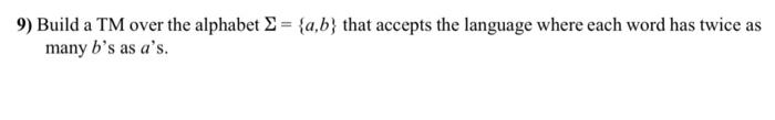 Solved 9) Build a TM over the alphabet Σ={a,b} that accepts | Chegg.com