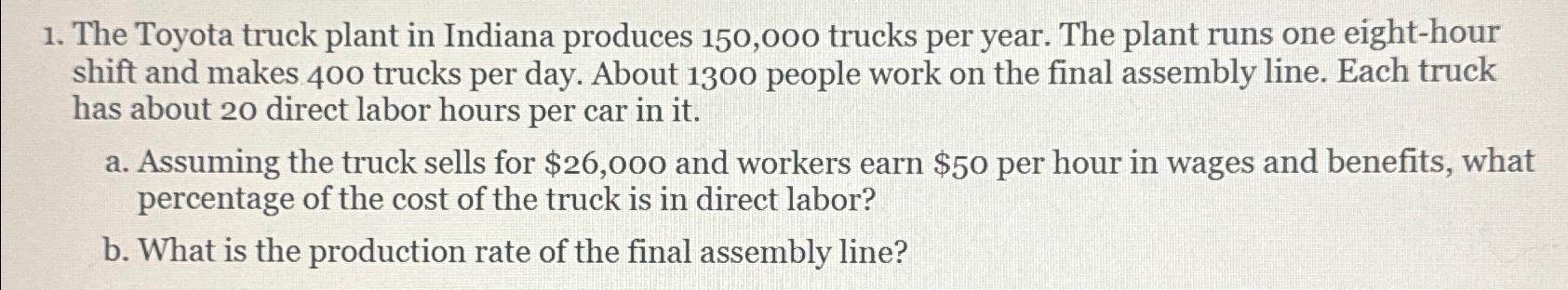 Solved The Toyota truck plant in Indiana produces 150,000 | Chegg.com