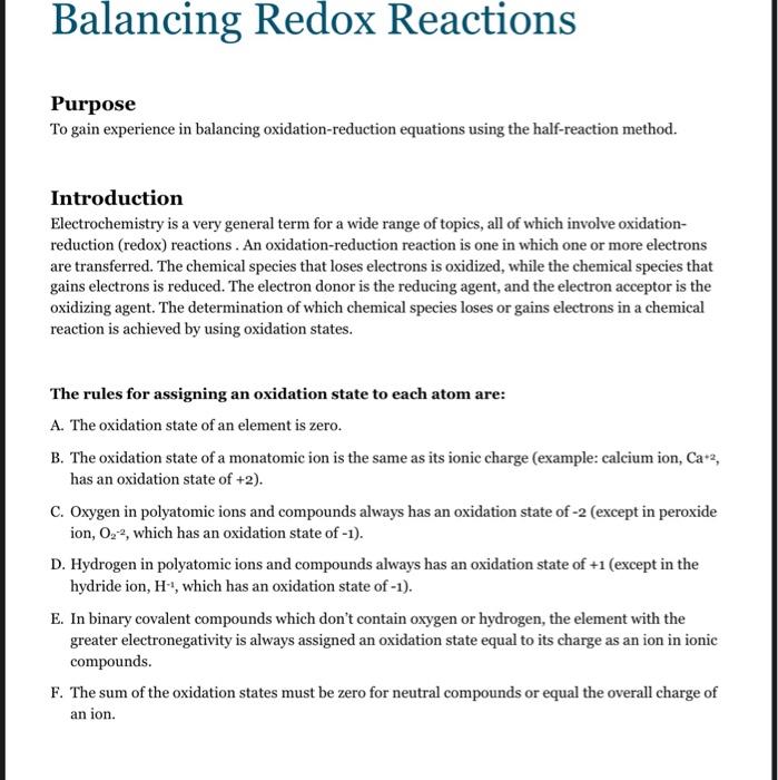 Solved Balancing Redox Reactions Purpose To gain experience | Chegg.com