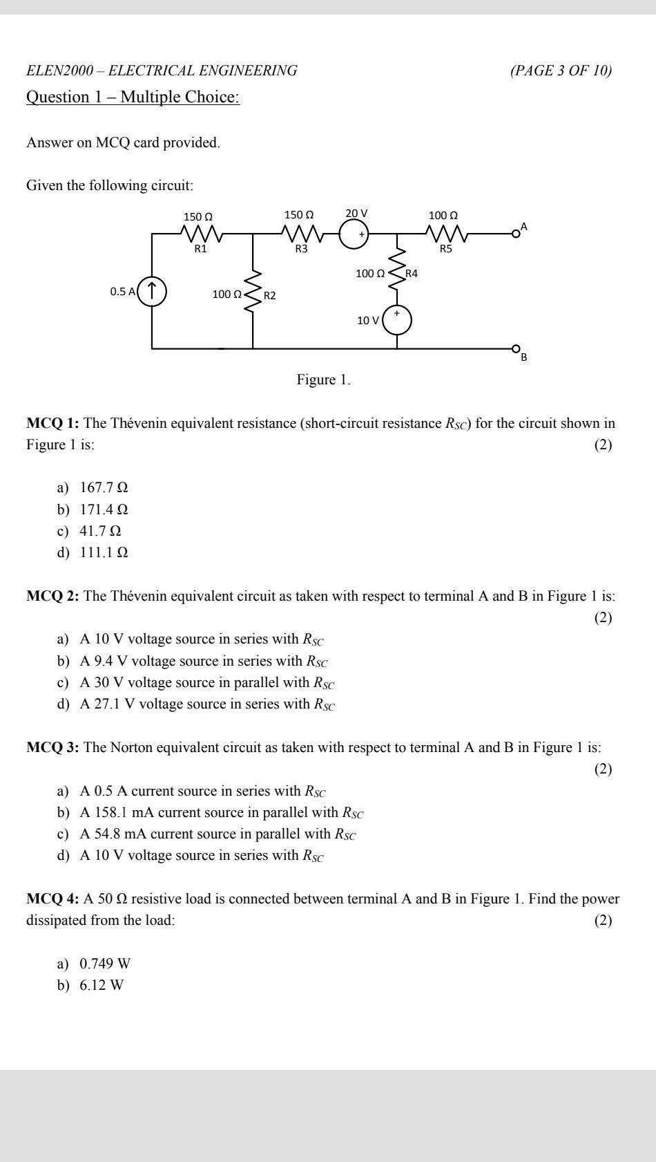 Solved Figure 1. MCQ 1: The Thévenin equivalent resistance | Chegg.com