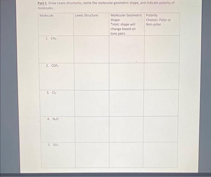 Solved Part 1: Draw Lewis structures, name the molecular | Chegg.com