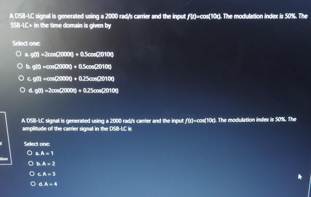 Solved A DSB-LC signal is generated using a 2000 rad/s | Chegg.com